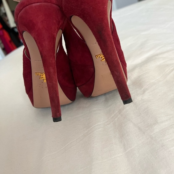 Prada | Shoes | Prada Burgundy Red Suede Caged Sling Back Platform Peep ...